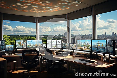 Center With Computers For Traffic Control In The City. Room Filled With ...