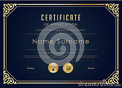 Certificate Template In Dark Blue And Gold Color Vector Illustration | CartoonDealer.com #216657320
