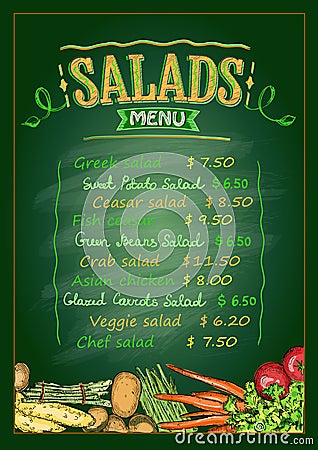 Chalk Salads Menu Display On A Green Board, Hand Drawn Illustration ...