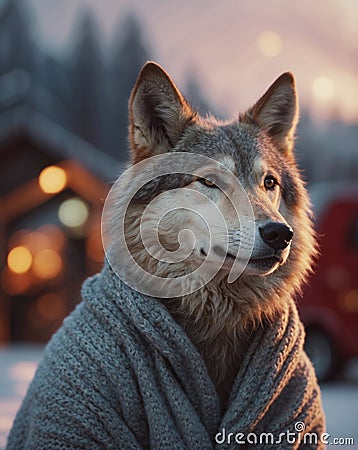 Charming Animated Wolf Character In Cozy Knit Sweater. Stock ...