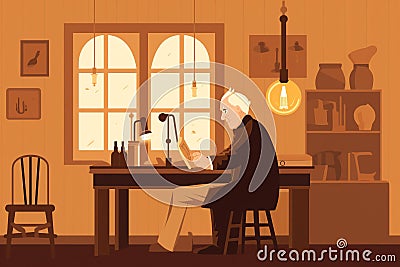 Thomas Edison Flat Illustration: Inventing Light Bulb In Lab, Second ...
