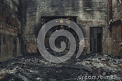 Charred Remnants Of A Building With A Fire Extinguisher Visible Among ...