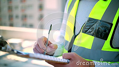 Checklist, Writing and Clipboard with Safety Man on Construction Site ...