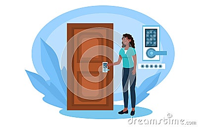 Cheerful Female Character Is Opening Door With Numeric Lock Cartoon ...