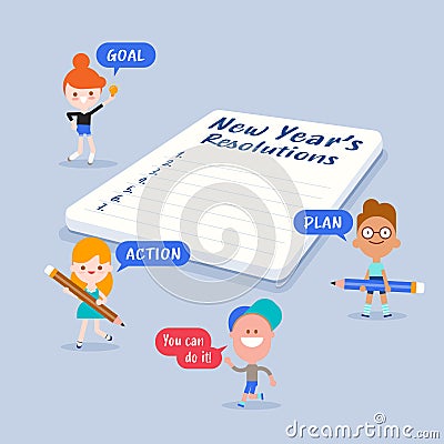 Cheerful Tiny Kids With New Year`s Resolutions List On Notepad. Cartoon ...
