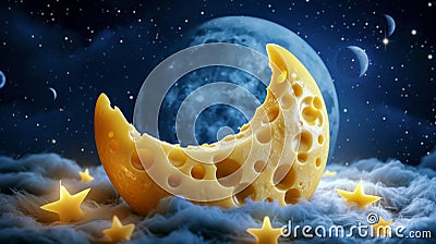 A Cheese Is Shown In The Shape Of A Crescent Moon With Stars Around It ...