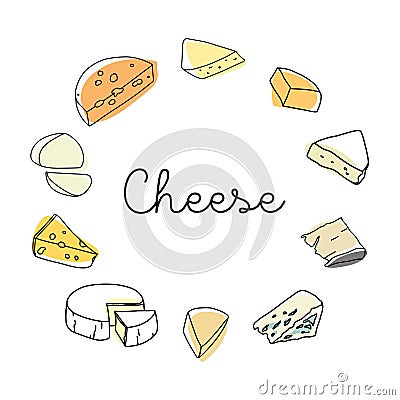 Collection Different Types Of Cheeses In Line Art Drawing Style In ...