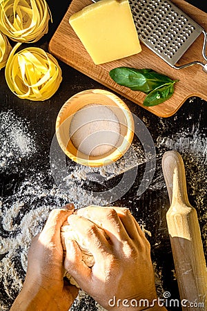 Chef Cooking Pasta Top View On Dark Background Royalty-Free Stock Image ...