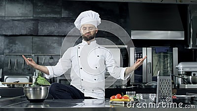Chef Man Posing at Professional Kitchen. Chef Making Fun in Meditation ...