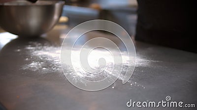 Chef Throwing Flour on the Table before Making Dough Stock Video ...