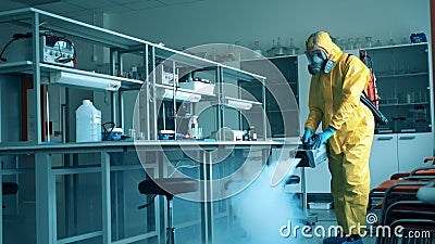 Chemical Fumigation of an Empty Storage Space. Worker Disinfecting ...