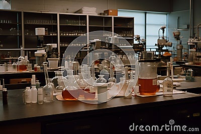 A Chemistry Lab With Various Equipment, Such As Test Tubes, Flasks, And ...