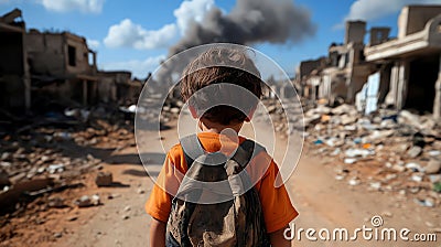 Child With Backpack Walking Through A Devastated Urban Landscape, Smoke ...