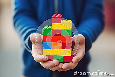 Child In Blue Presenting A Colorful Tower Of Interlocking Building ...