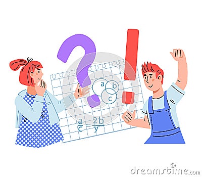 Children Studying, Asking Question And Solving Tasks, Flat Cartoon ...