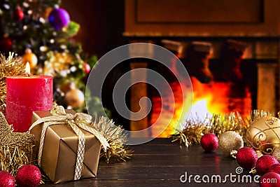 Christmas Scene With Fireplace And Christmas Tree In The Backgro Stock ...