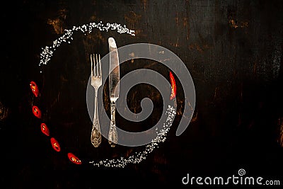 Circle Frame Composition Chilli Peppers And Spices With Fork And Knife ...