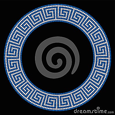 Circle Shaped Meander Mosaic, Frame In Blue And White Cartoon Vector ...