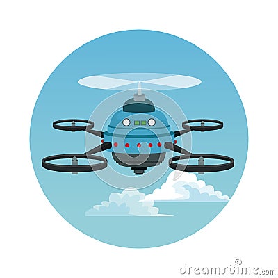 Circular Frame With Sky Landscape Scene And Blue Robot Drone With Five ...