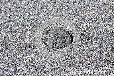 Circular Hole For Asphalt Quality Testing In A Asphalt Road Royalty ...