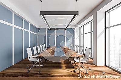 Classic Panoramic White And Blue Conference Room With Long Table And ...