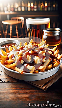 Classic Poutine Dish With Beer In The Background, AI Generated Stock ...