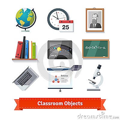 Classroom Objects Vector Illustration. Labeled Collection for Kids ...