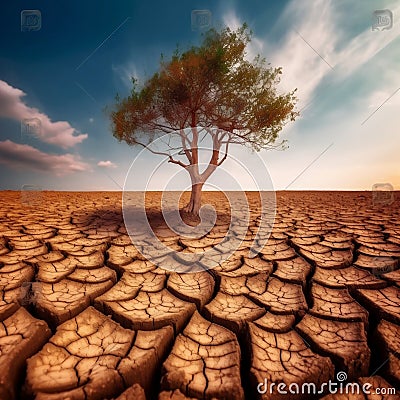 Climate Change: Tree On Drought-Ridden Land. Generative AI Stock ...