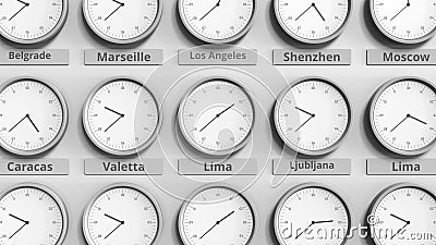 Clock Shows Lima, Peru Time among Different Timezones. 3D Animation ...