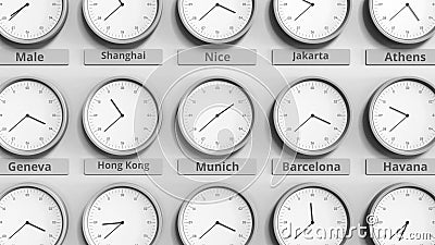 Round Clock Showing Munich, Germany Time within World Time Zones. 3D ...