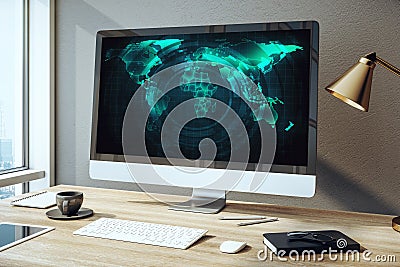 Close Up Of Computer With Digital World Map Interface On Desktop ...