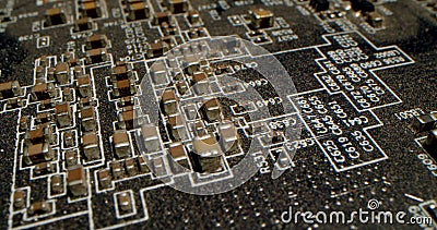 Close Up Detail of Electronic Components on PC. Macro Dolly Shot Side ...