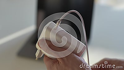 Close-up Hands of Unrecognizable Man Plugging Type-c Cable into Laptop ...