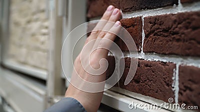 Close Up Man Hand Touching Sample of Wall Material at Shopping Mall ...