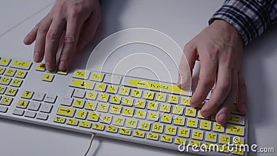 Close-up: a Man Uses a Keyboard with Braille. a Blind Man is Typing ...