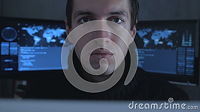 Close Up Portrait of it Professional Hacker Programmer in Cyber ...