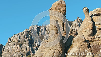 Close-up of Sharp Rock Formation. Shot. Mountains Against Blue Sky ...