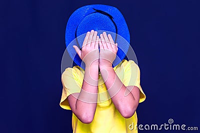 Close Up Of Upset Sun Burned Kid Boy Crying Face Hidden Under Hat ...
