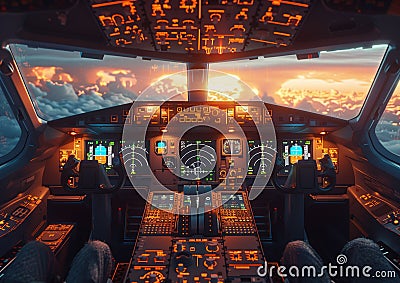 A Close-up View Inside The Cockpit Of A Commercial Jetliner Stock Photo ...