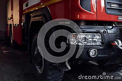 Close Up View Of Red Modern Fire Truck. Front Part Of Vehicle Stock ...
