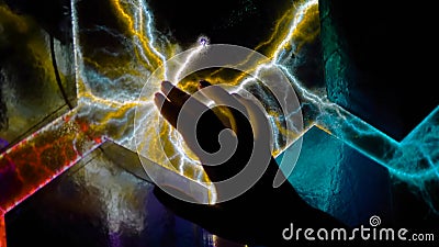 Close Up View: Woman Touching Plasma Panel Display in Dark Room of ...