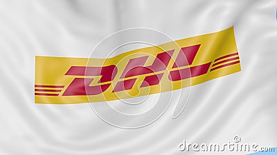 Close-up of Waving Flag with DHL Express Logo, Seamless Loop, Blue ...