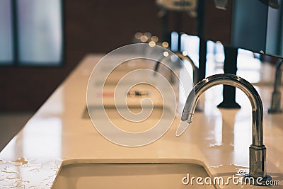 Closeup The Automatic Hand Washing Faucet System Electrical In The Men ...