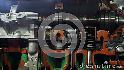 Closeup of Cut Engine Pistons in Cylinder Working and Spinning. Old ...