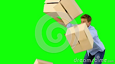 Clumsy Man Dropping Boxes Down on White Screen Stock Video - Video of ...