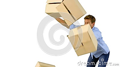 Clumsy Man Dropping Boxes Down on White Screen Stock Video - Video of ...