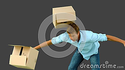 Clumsy Man Dropping Boxes Down on White Screen Stock Video - Video of ...
