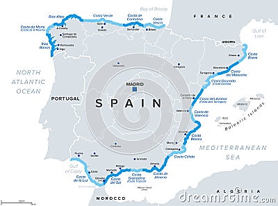 Coasts Of Spain, Spanish Riviera Beaches And Coastlines, Political Map ...