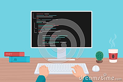 Coding And Programming Compute Pc Desktop. Head Monitor View Man Programmer Hands Working On His ...