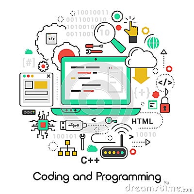 Coding And Programming Line Art Thin Icons Cartoon Vector | CartoonDealer.com #77131157